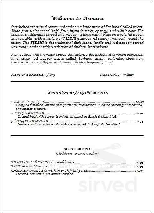 Asmara Restaurant menu in Portland, Maine, USA