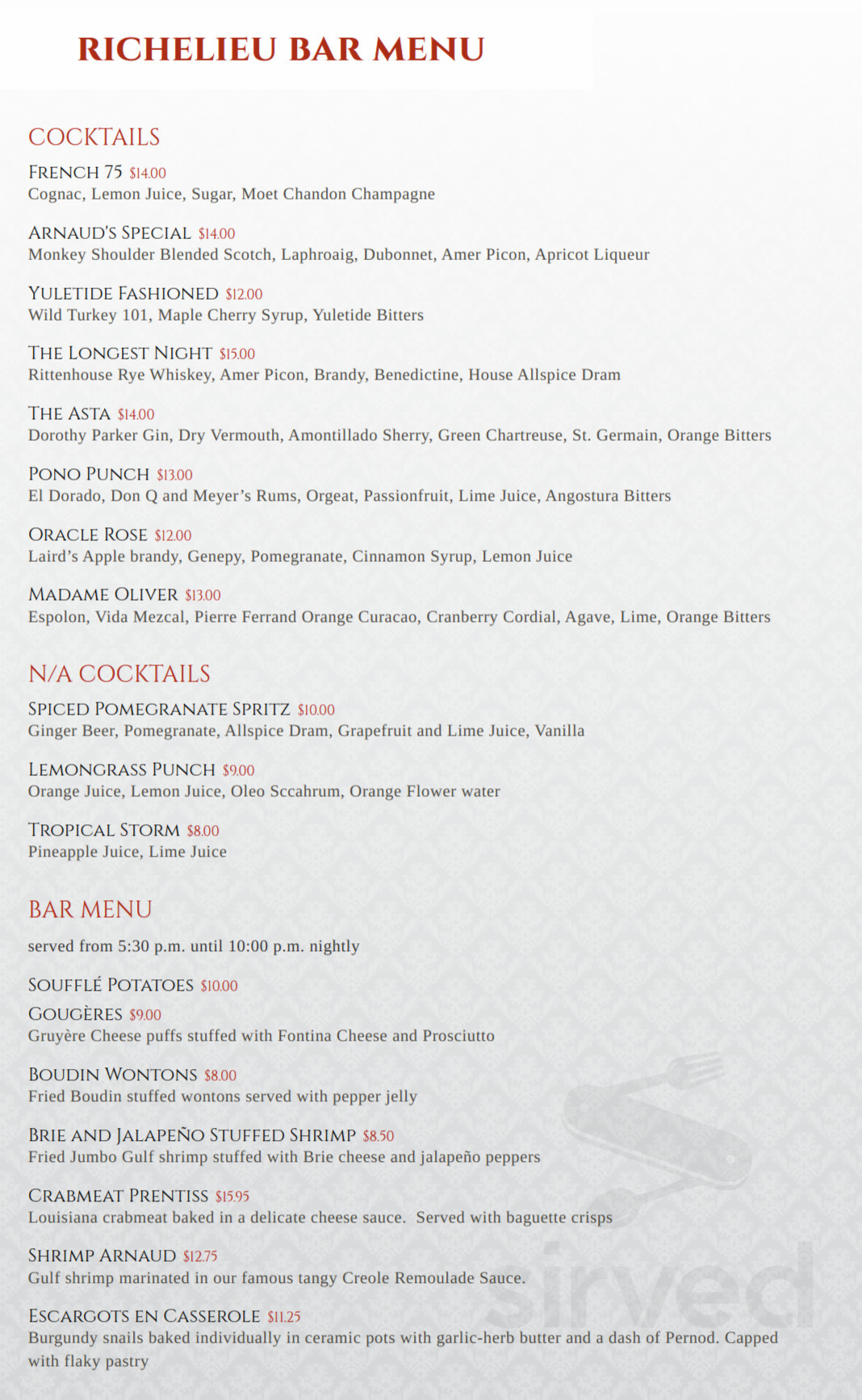 Arnaud's menu in New Orleans, Louisiana, USA