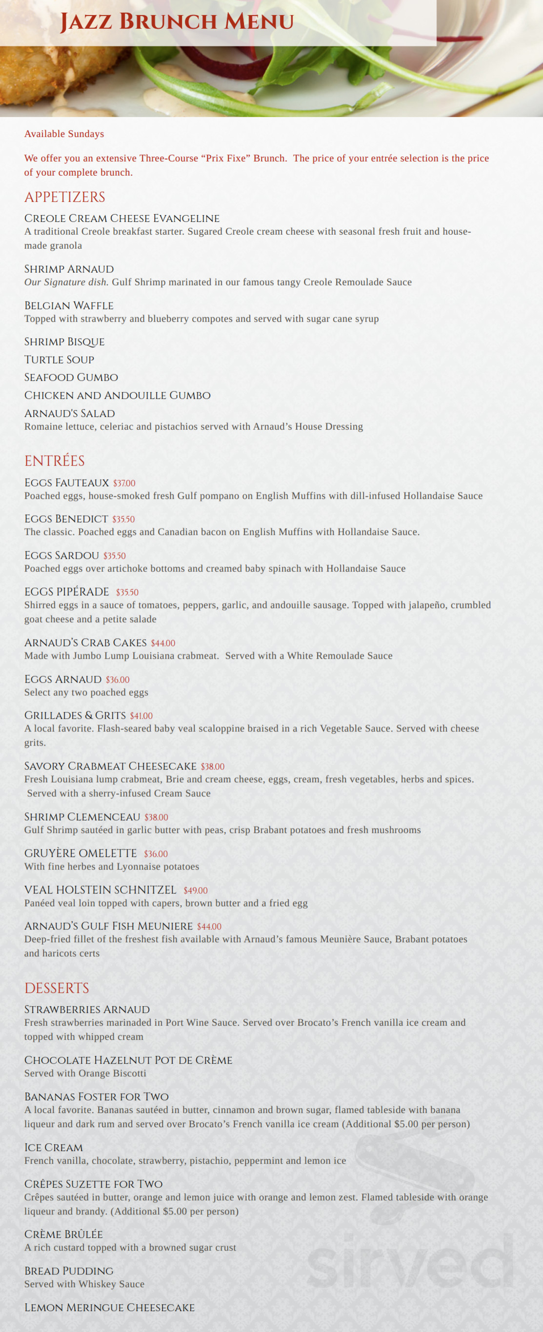Arnaud's menu in New Orleans, Louisiana, USA