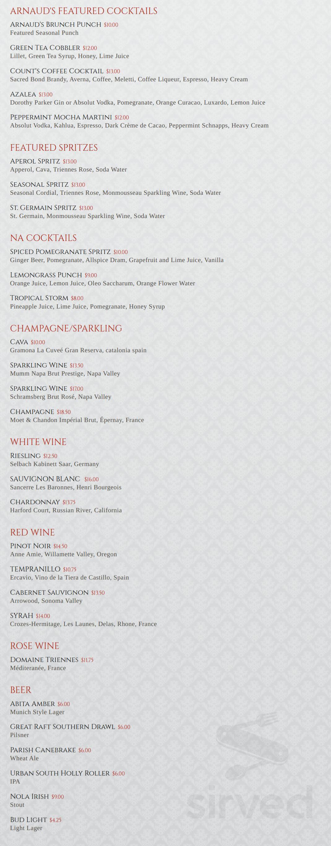 Arnaud's menu in New Orleans, Louisiana, USA
