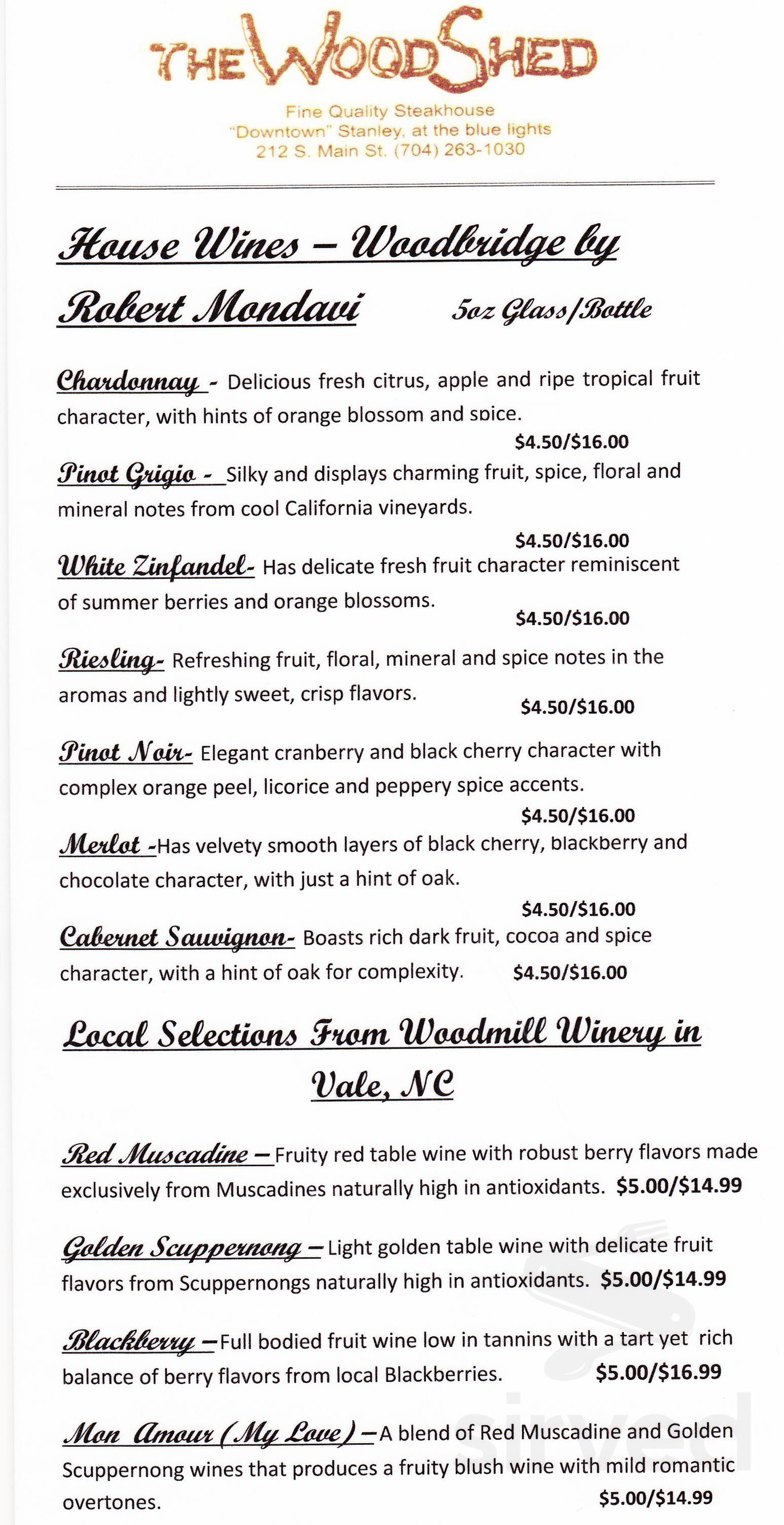 The WoodShed Steakhouse menus in Stanley, North Carolina, United States