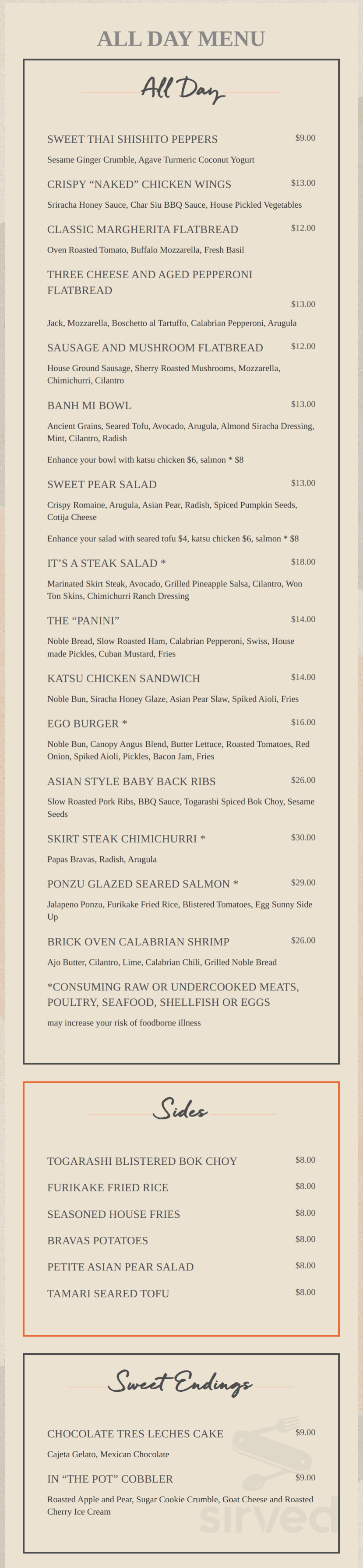Alter Ego menu in Tempe, Arizona, USA