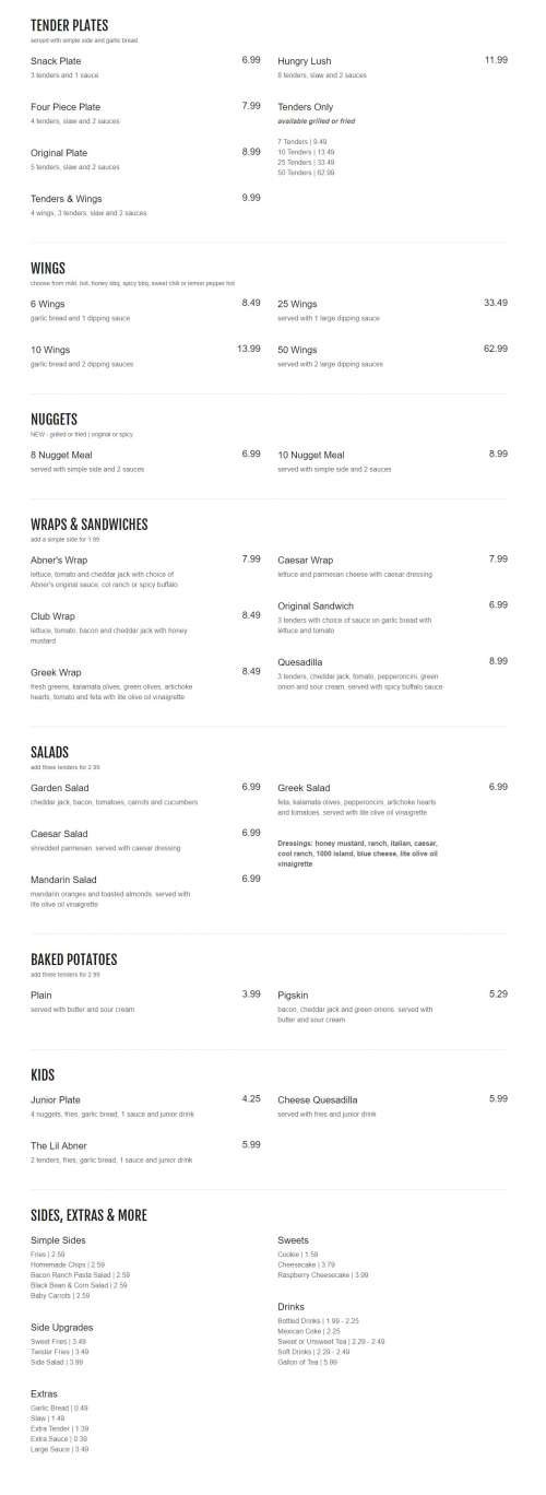 Abner's Famous Chicken menu in Brandon, Mississippi, USA