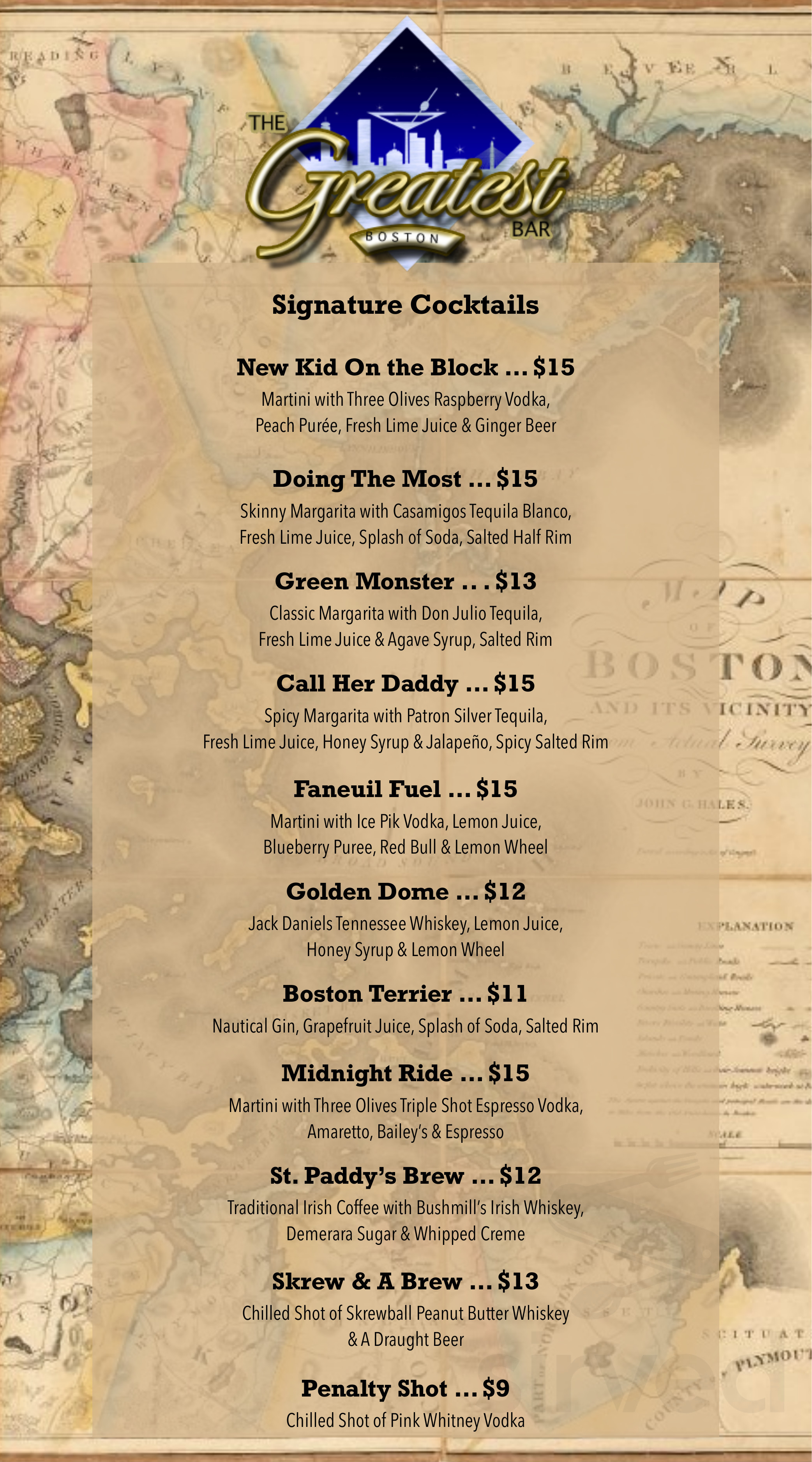 The Greatest Bar menu in Boston, Massachusetts, USA