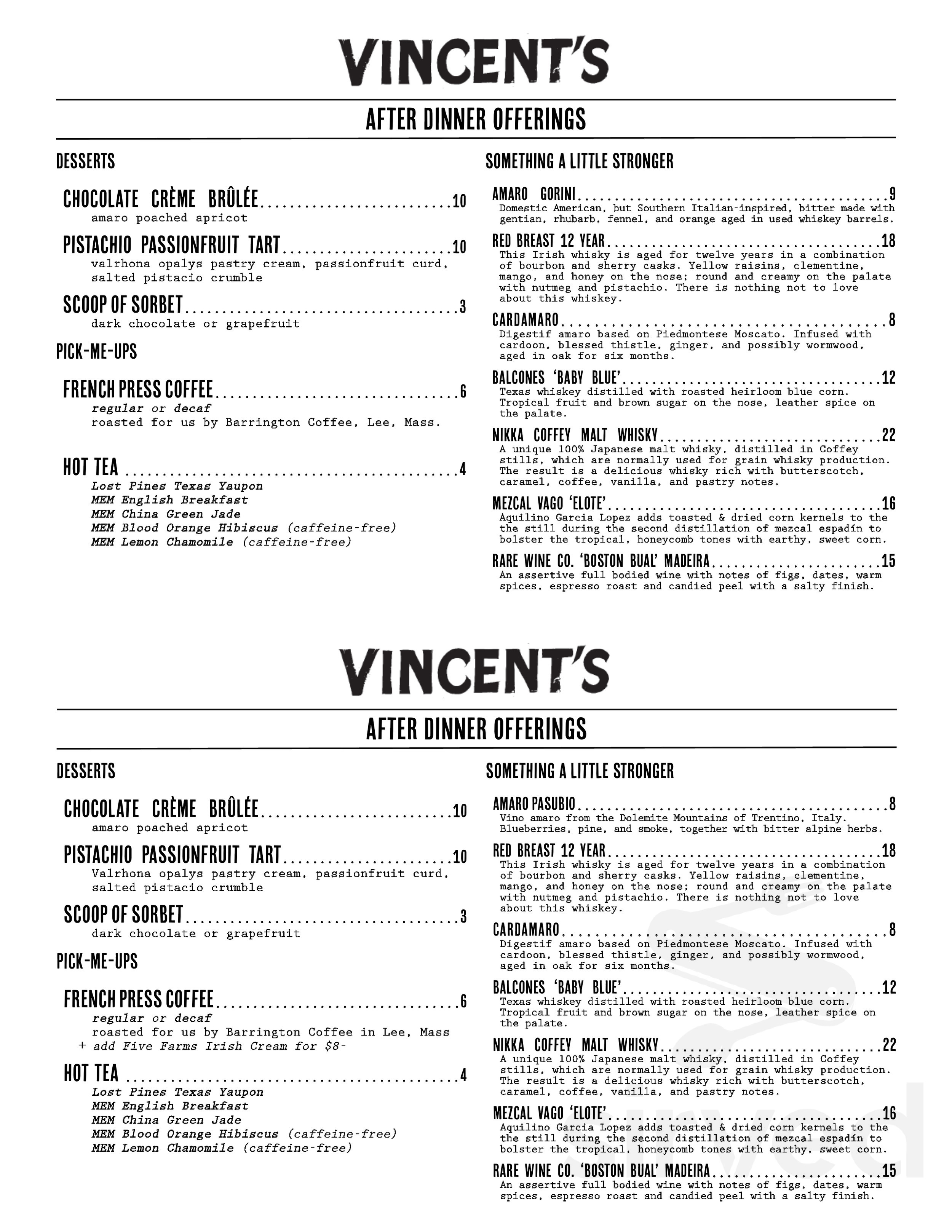 Vincent's menu in Cambridge, Massachusetts, USA