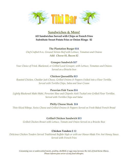 Plantation Tiki Bar menu in Crystal River, Florida, USA