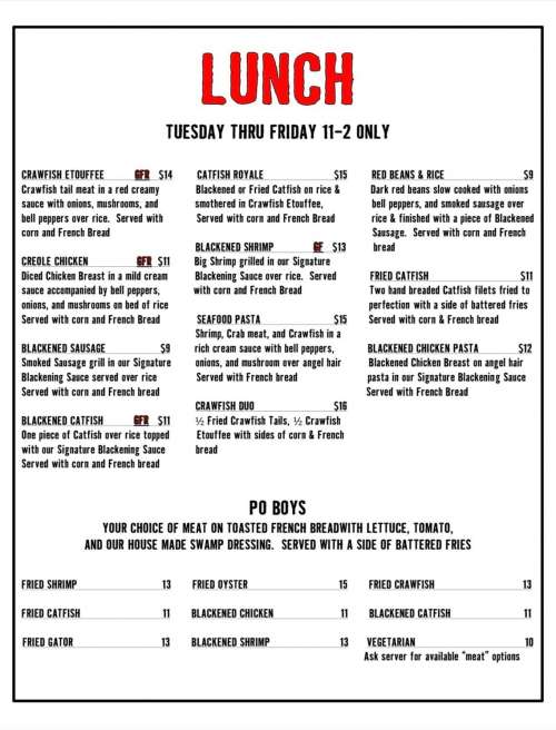 The Big Easy menu in Yukon, Oklahoma, USA