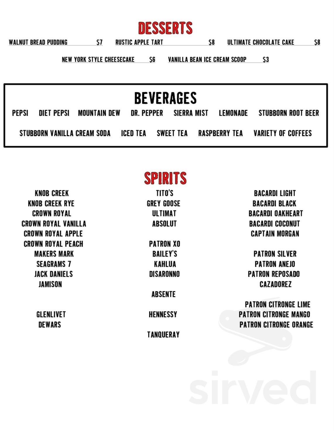 The Big Easy menu in Yukon, Oklahoma, USA