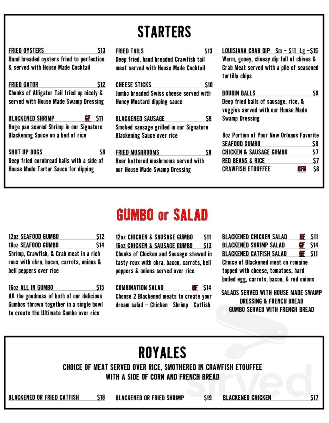 The Big Easy menu in Yukon, Oklahoma, USA