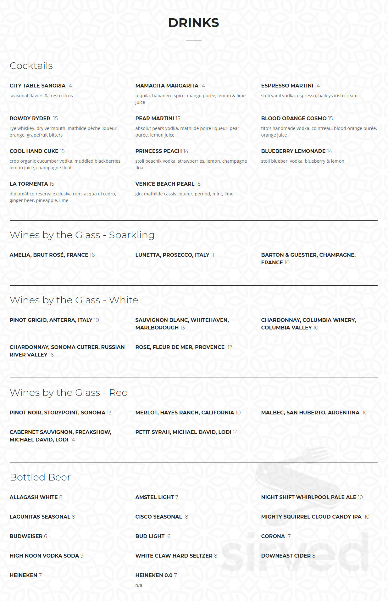 Menu - Boston MA's City Table | Sirved