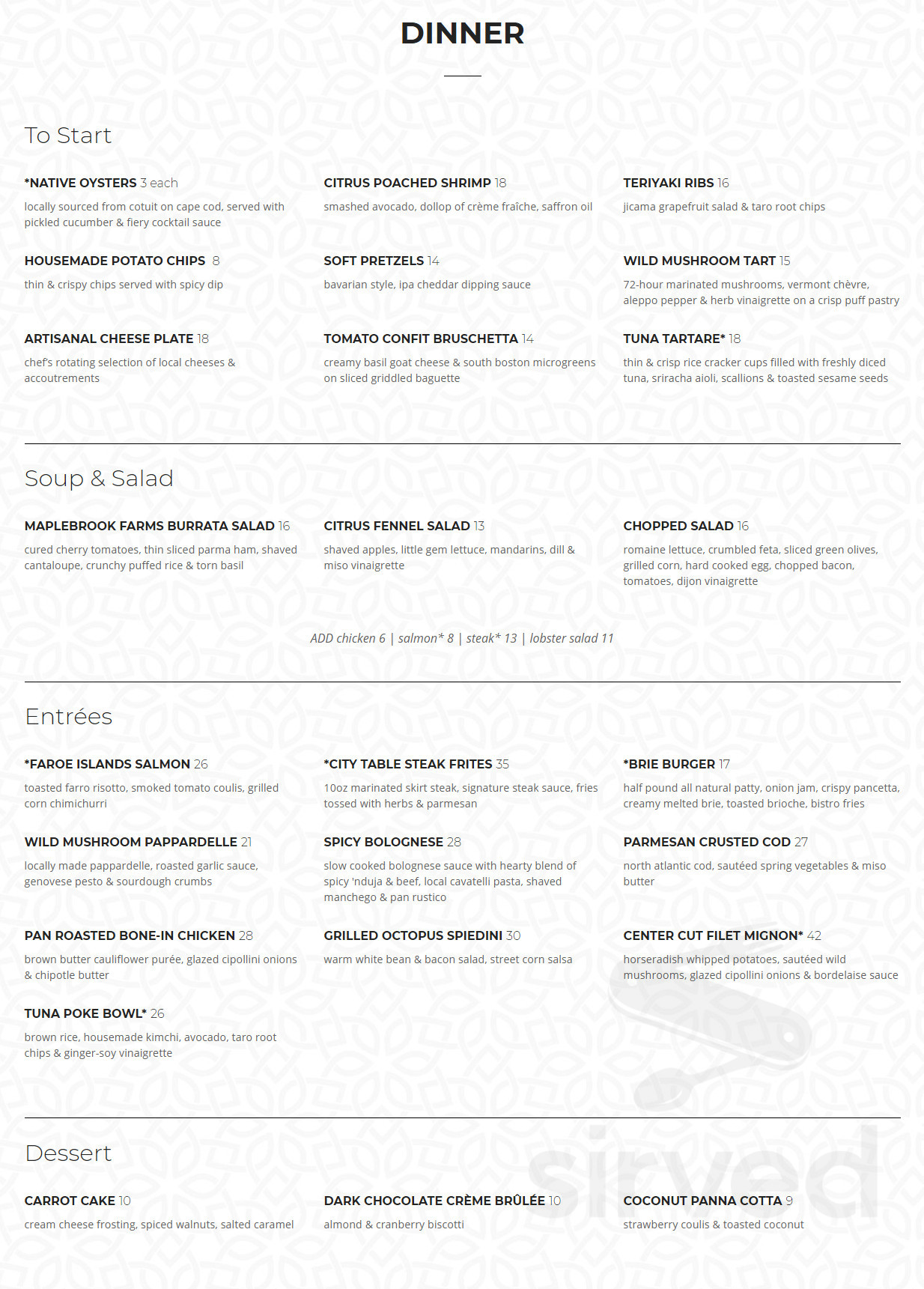 Menu - Boston MA's City Table | Sirved
