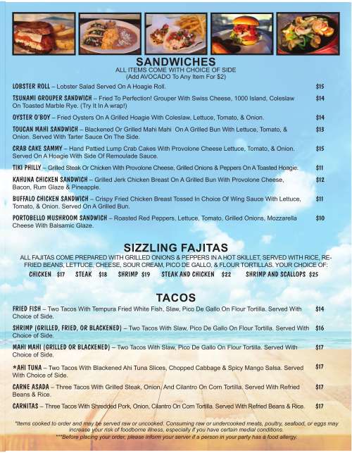 Toucan's Lakefront menu in Mooresville, North Carolina, USA