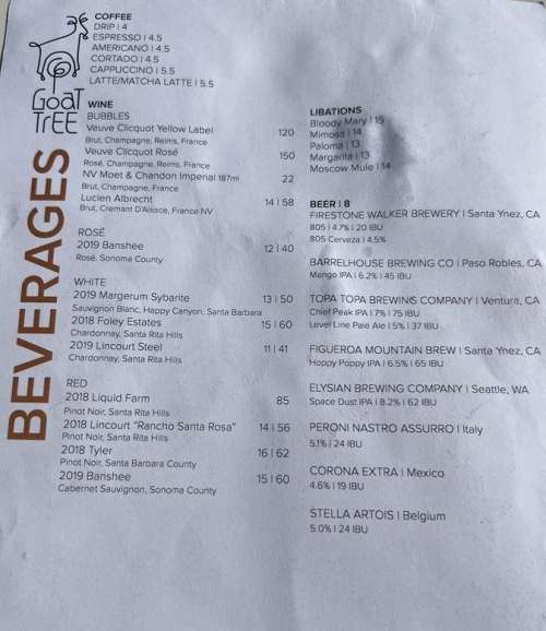 Goat Tree menu in Santa Barbara, California, USA