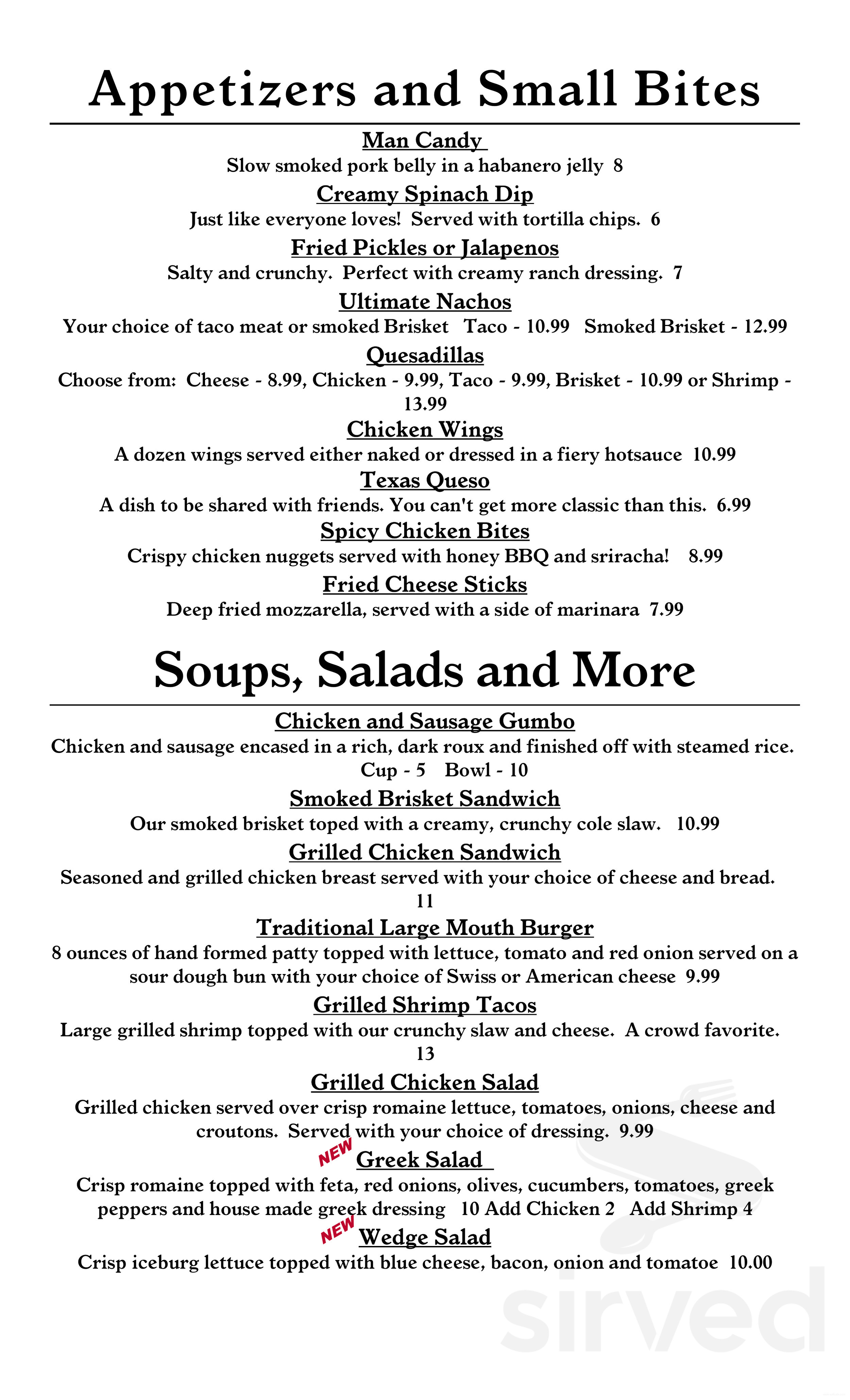 Menu - Brookeland TX's Timbers On The Green | Sirved