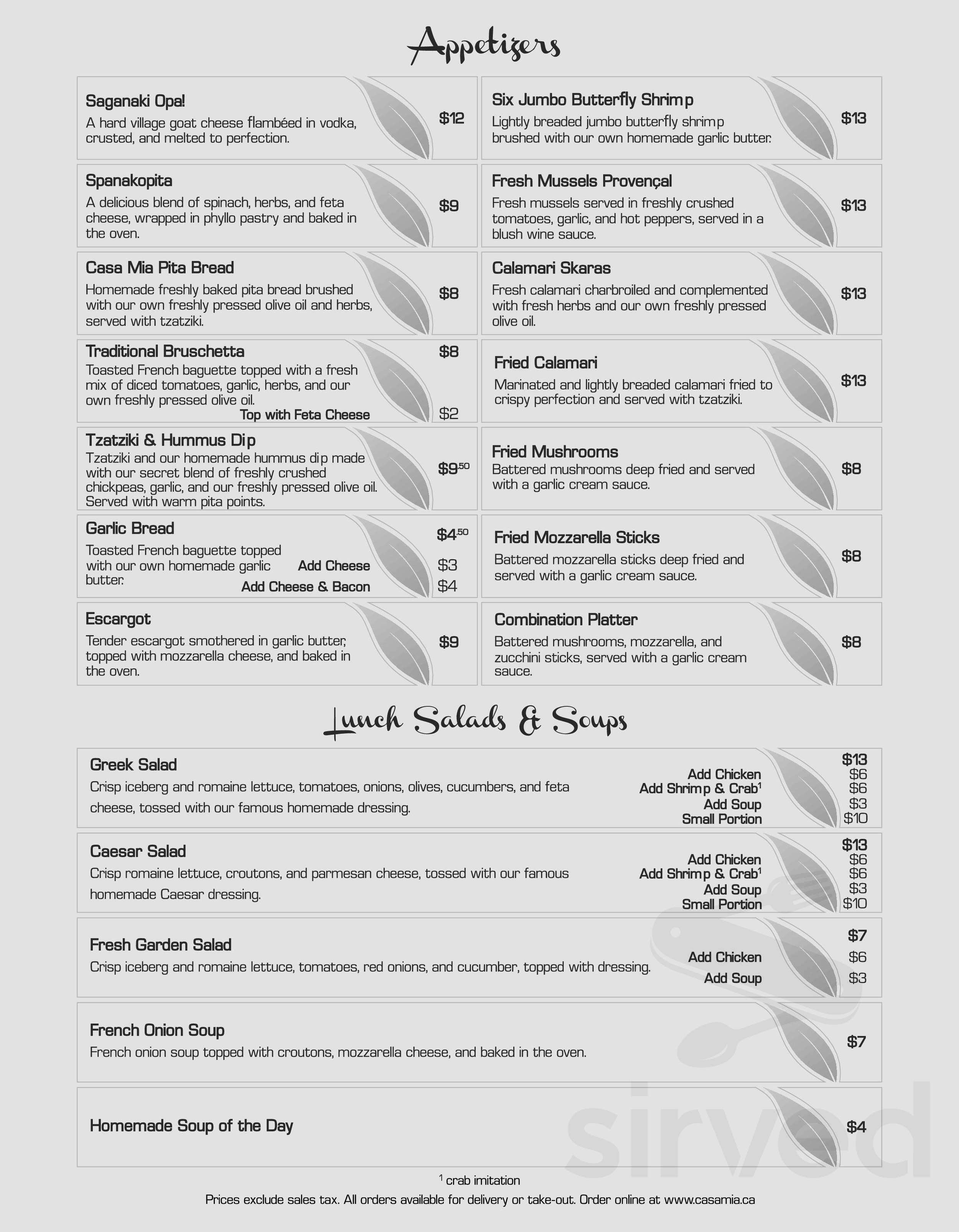 Casa Mia Barrie menu in Barrie, Ontario, Canada