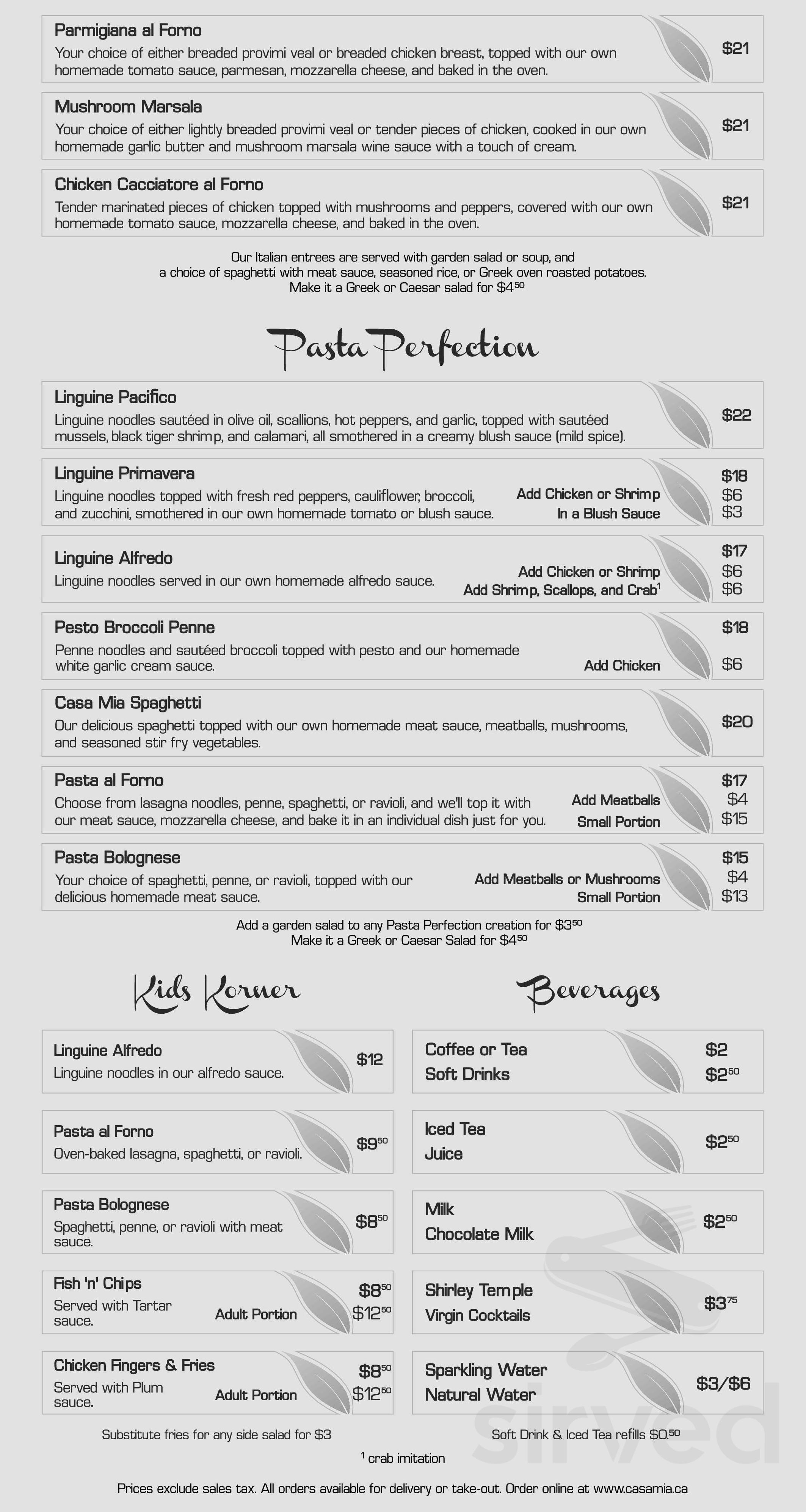 Menu - Barrie ON's Casa Mia Barrie | Sirved