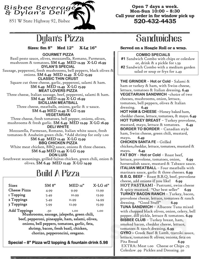Dylan's Pizza Bistro menu in Bisbee, Arizona, USA