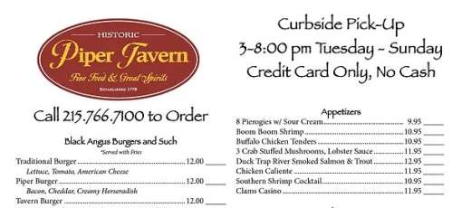 Menu for Historic Piper Tavern in Pipersville, PA | Sirved