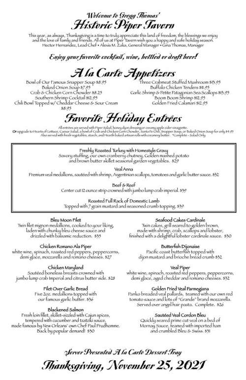 Historic Piper Tavern menu in Pipersville, Pennsylvania, USA