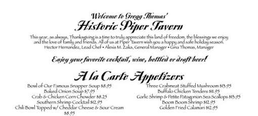Menu for Historic Piper Tavern in Pipersville, PA | Sirved