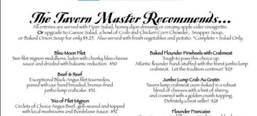 Menu for Historic Piper Tavern in Pipersville, PA | Sirved
