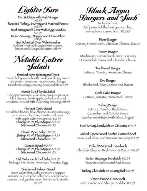 Historic Piper Tavern menu in Pipersville, Pennsylvania, USA
