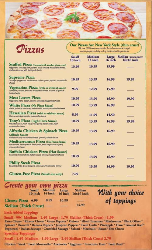 Tony's Pizza & Italian Restaurant menu in Fishersville, Virginia, USA