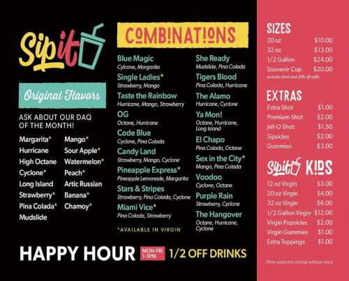 SipIT Daiquiris To-Go menu in San Antonio, Texas, USA