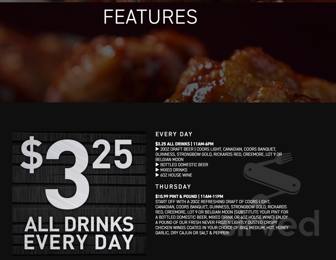 The Queens Hotel menu in Barrie, Ontario, Canada