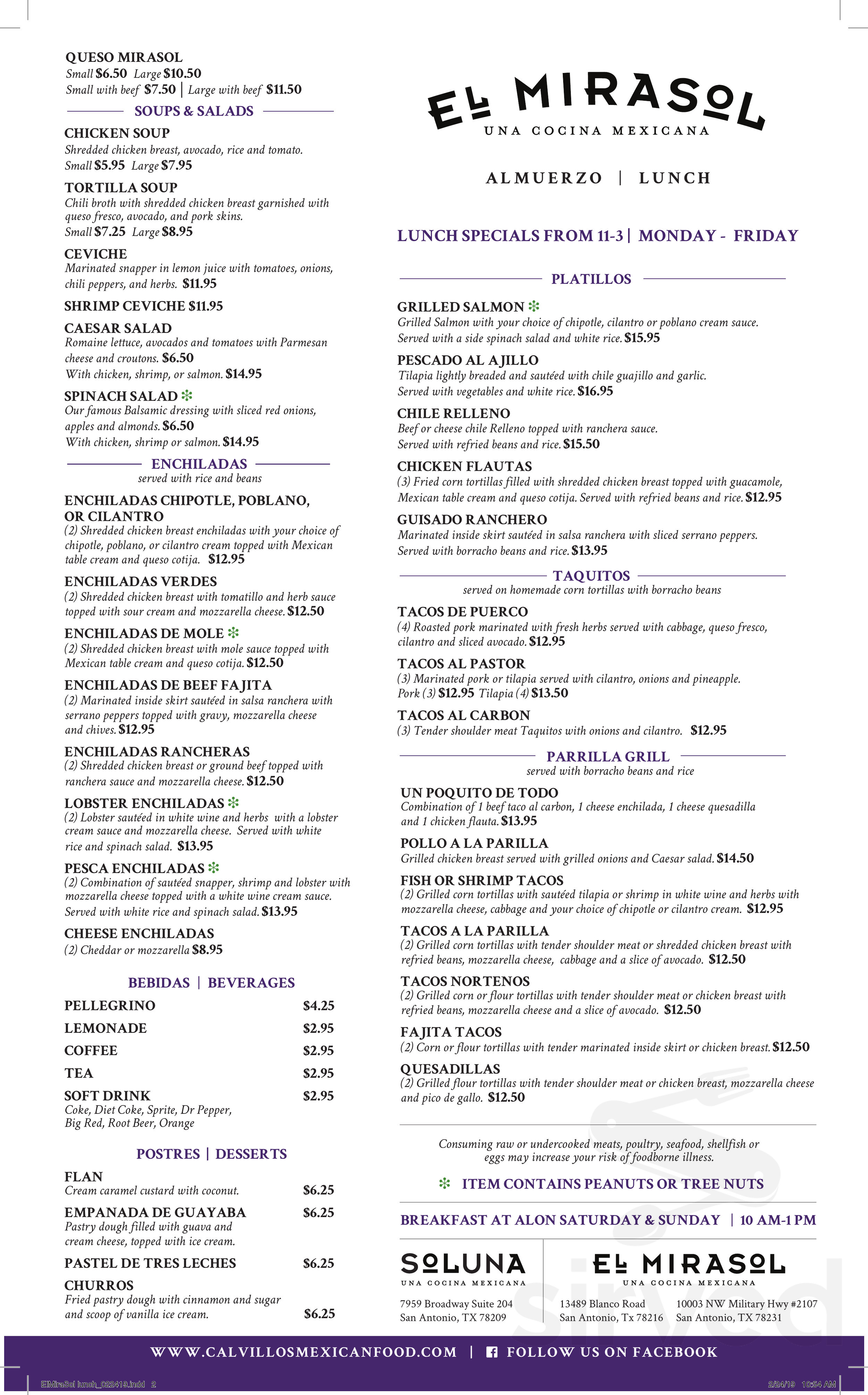 El Mirasol Menu - San Antonio, Texas | Sirved