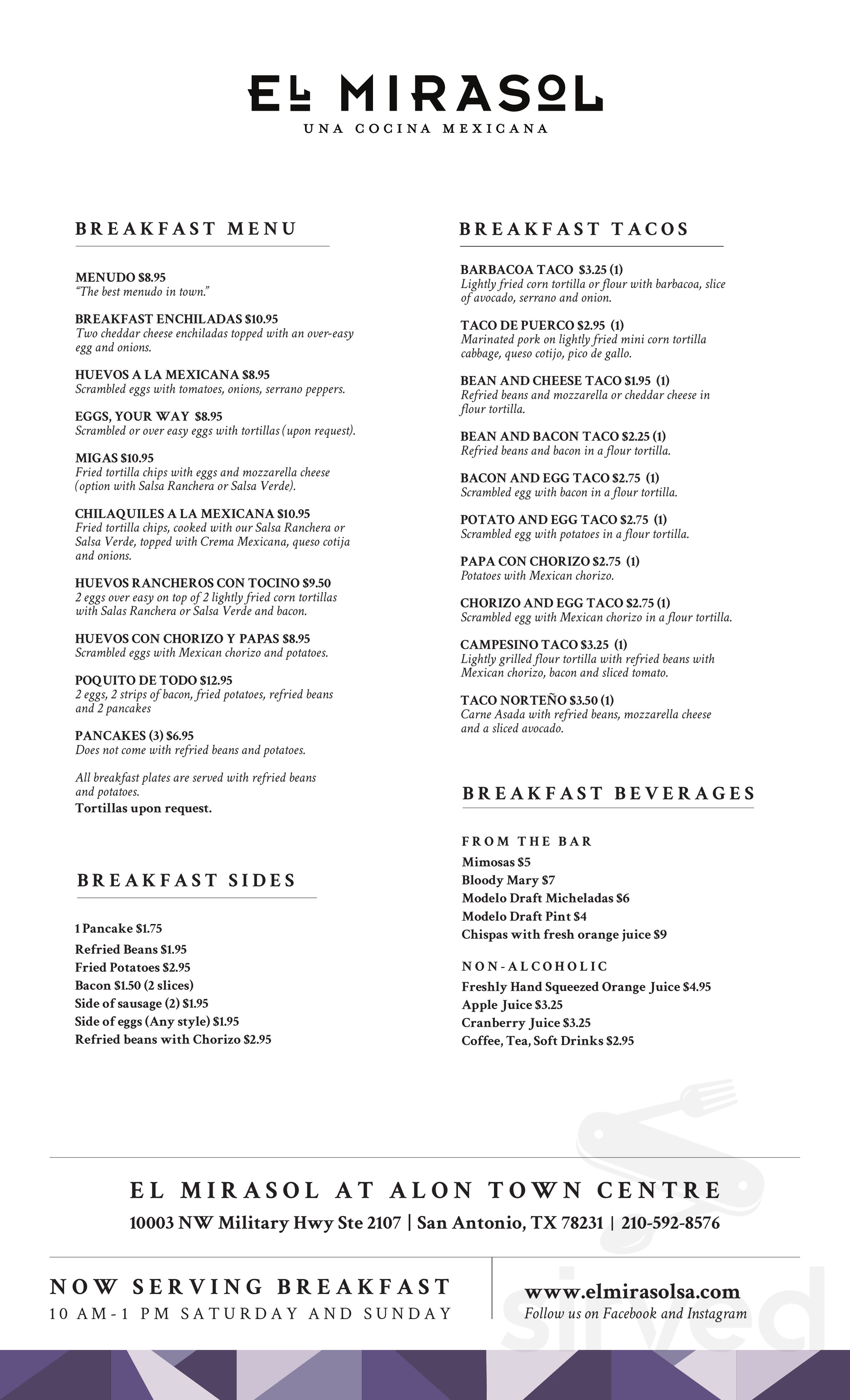El Mirasol Menu - San Antonio, Texas | Sirved