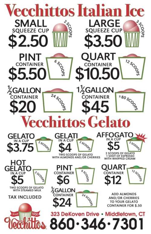 Vecchitto's Italian Ice menu in Middletown, Connecticut, USA