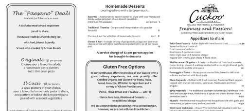 Menu for Cuckoo Trattoria and Pizzeria in Coombs, BC | Sirved