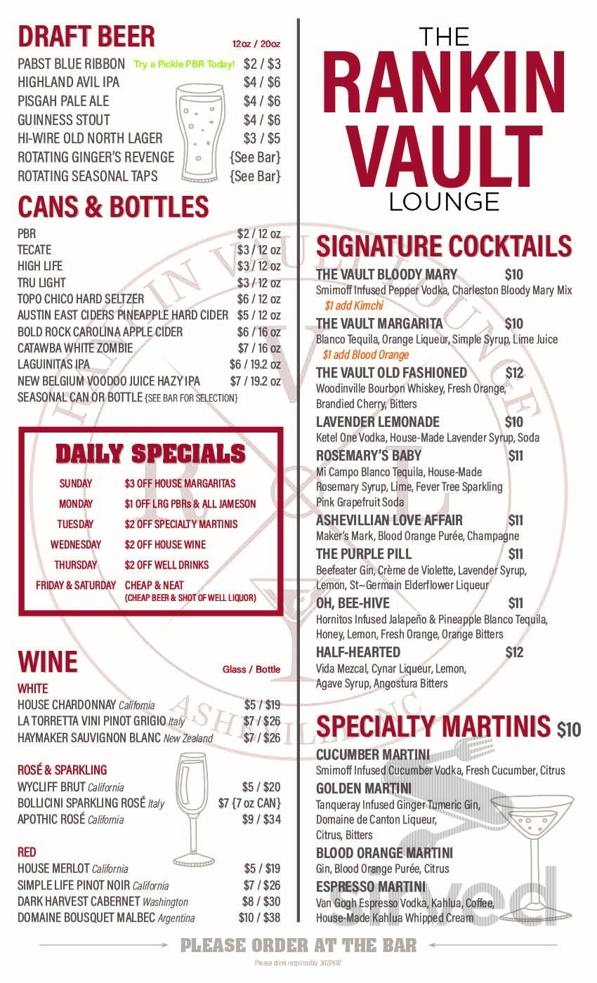 Rankin Vault Cocktail Lounge menu in Asheville, North Carolina, USA