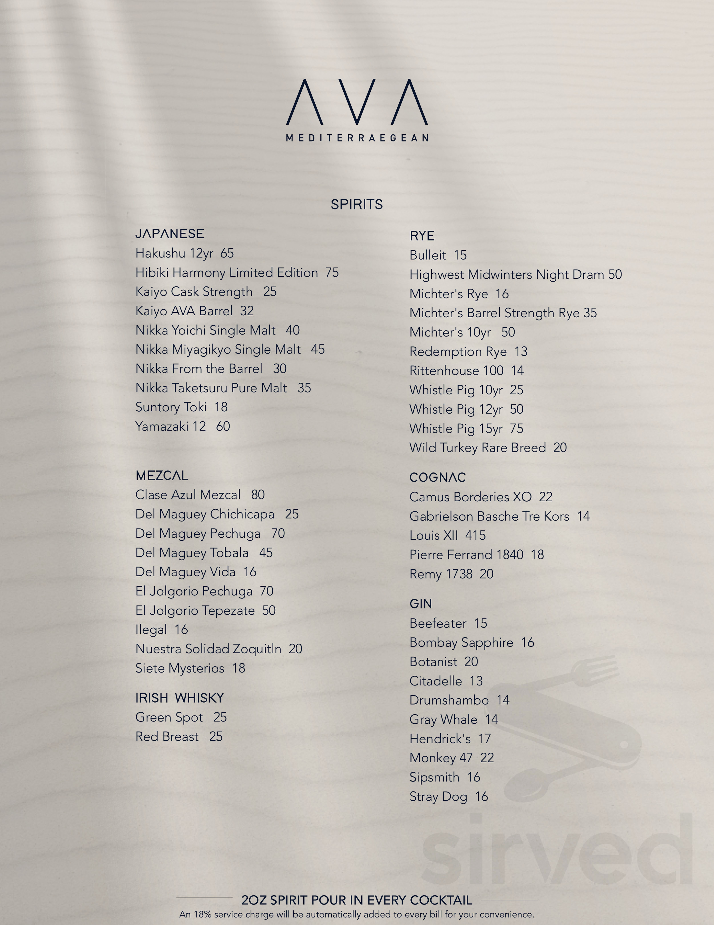 AVA MediterrAegean menu in Winter Park, Florida, USA
