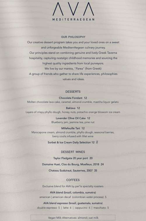 AVA MediterrAegean menu in Winter Park, Florida, USA