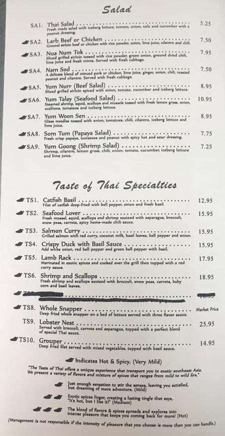 Taste of Thai menu in Douglasville, Georgia, USA