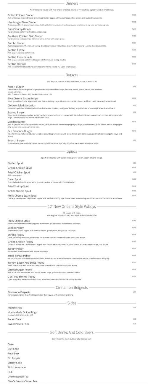 Nina-P's Cafe menu in Lake Charles, Louisiana, USA