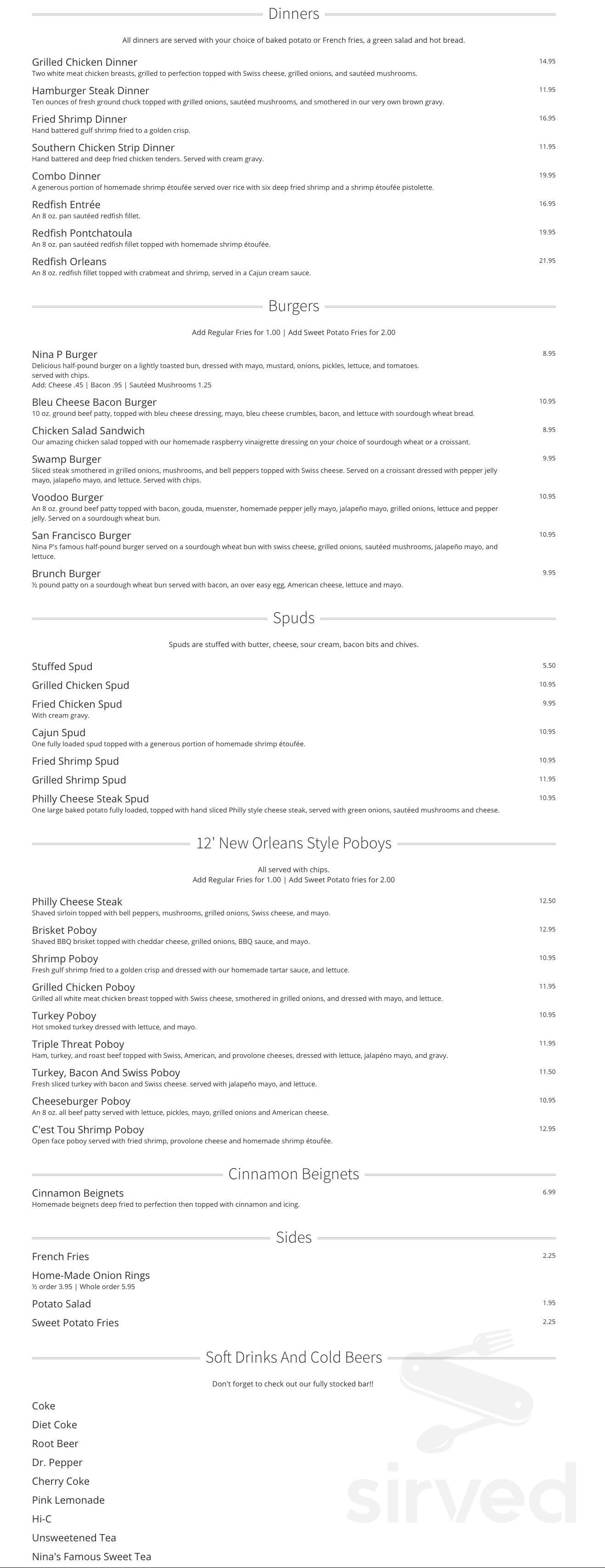 Nina-P's Cafe menu in Lake Charles, Louisiana, USA