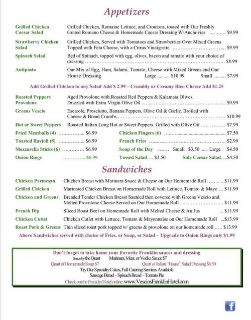 The Franklin menu in Marcy, New York, USA