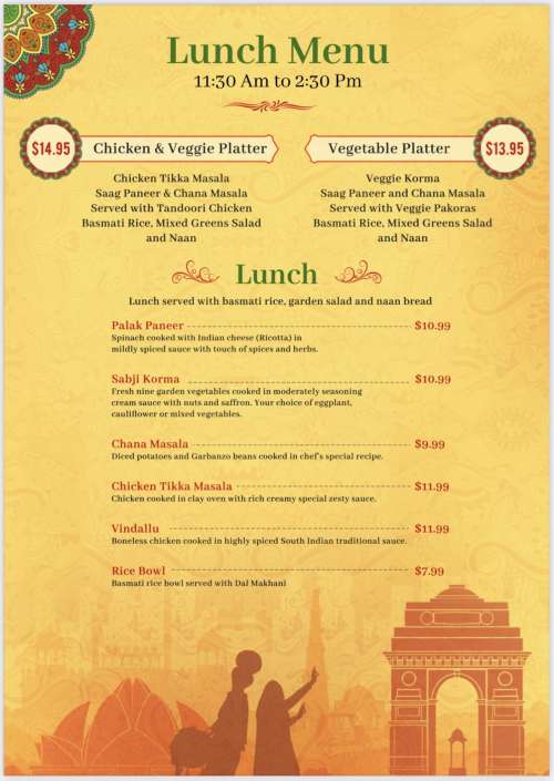 Mela Indian Restaurant menu in Indianapolis, Indiana, USA