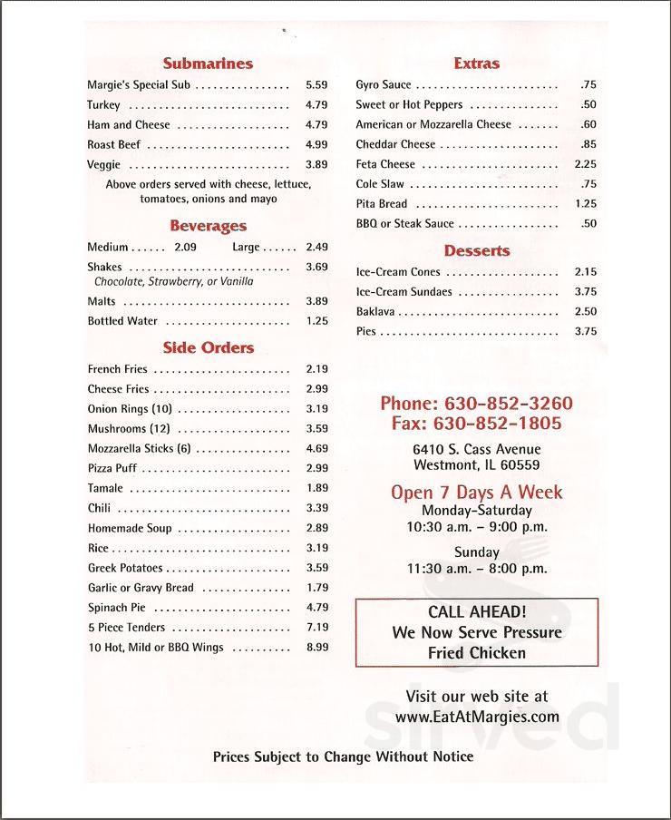 Margie's Restaurant menu in Westmont, Illinois, USA