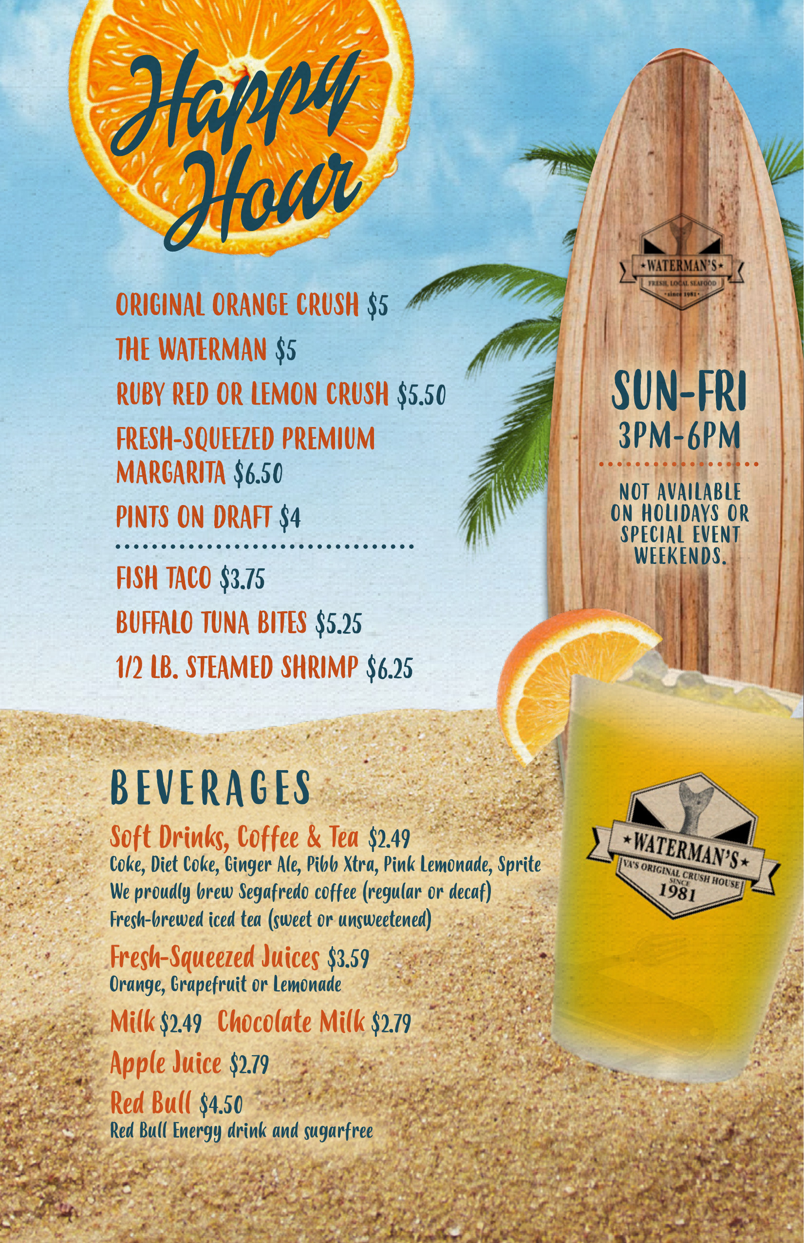 Waterman's Surfside Grille menu in Virginia Beach, Virginia, USA
