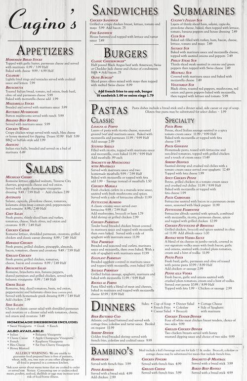 Cugino's menu in Grand Ledge, Michigan, USA