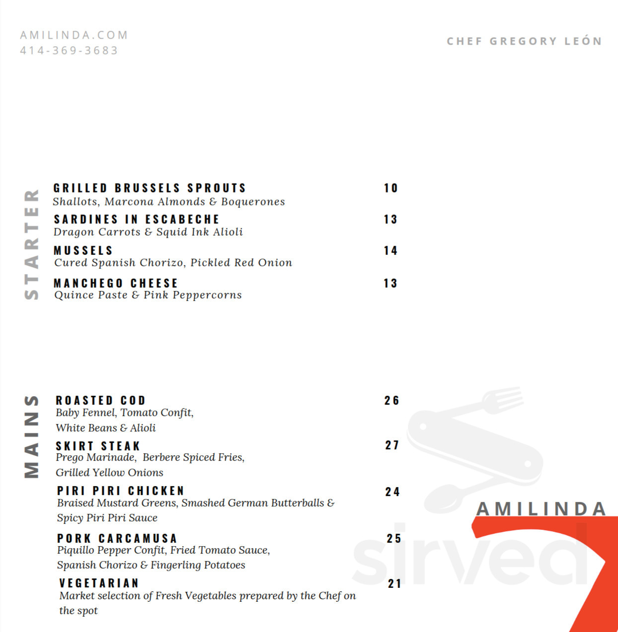 Amilinda menu in Milwaukee, Wisconsin, USA