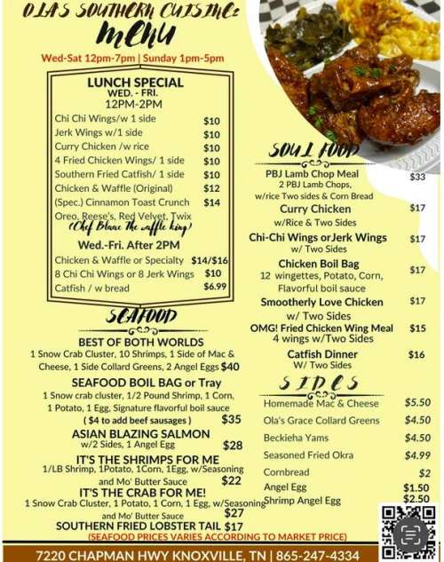 Ola's Southern Cuisine 2 menu in Knoxville, Tennessee, USA
