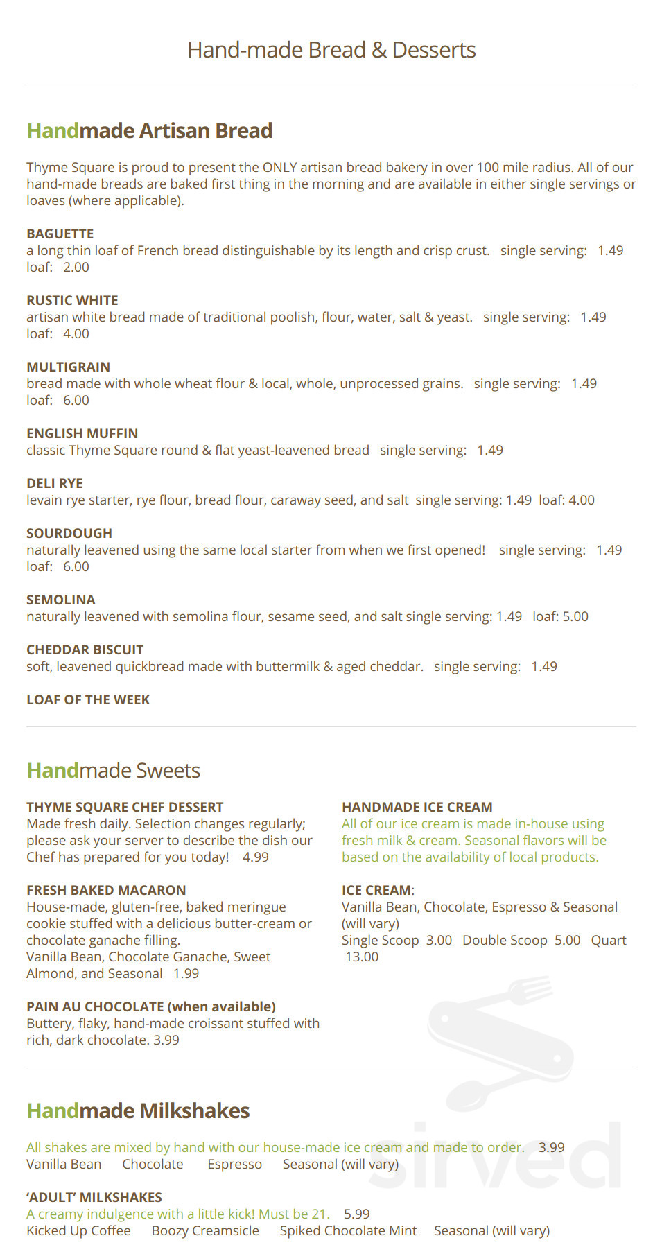 Thyme Square Bakery & Cafe menu in Quincy, Illinois, USA
