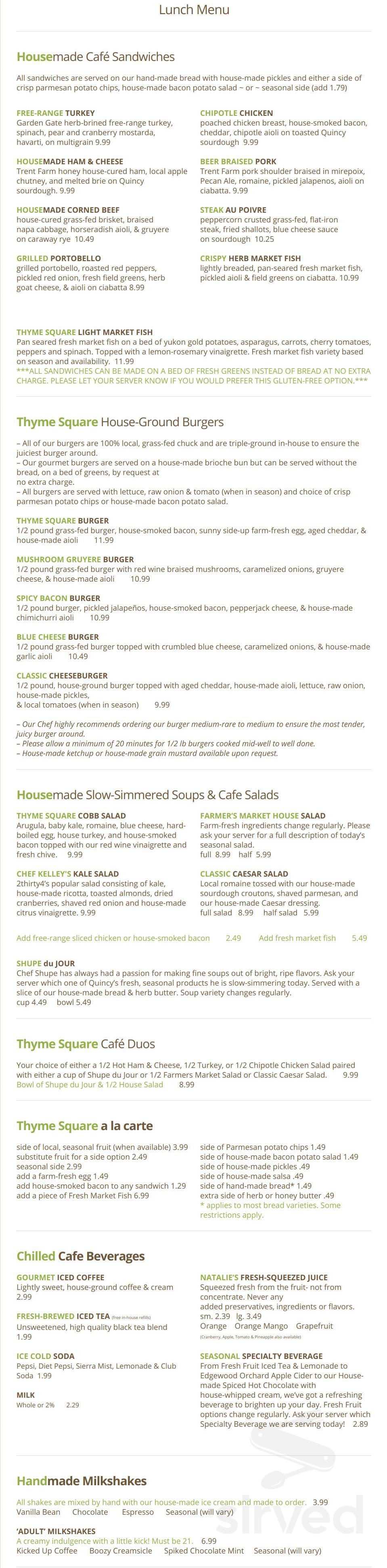 Thyme Square Bakery & Cafe menu in Quincy, Illinois, USA
