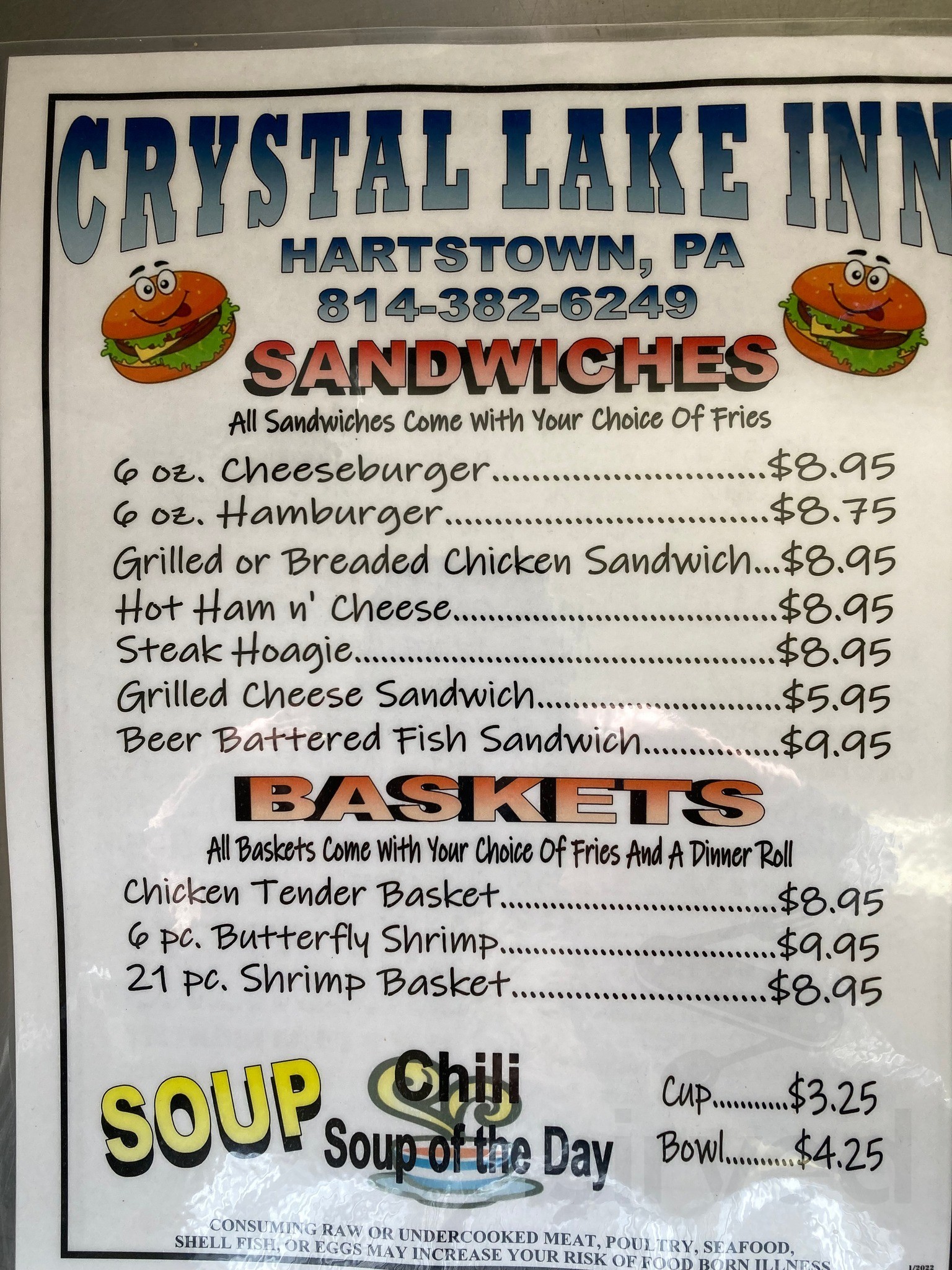 Crystal Lake Inn menu in Hartstown, Pennsylvania, USA