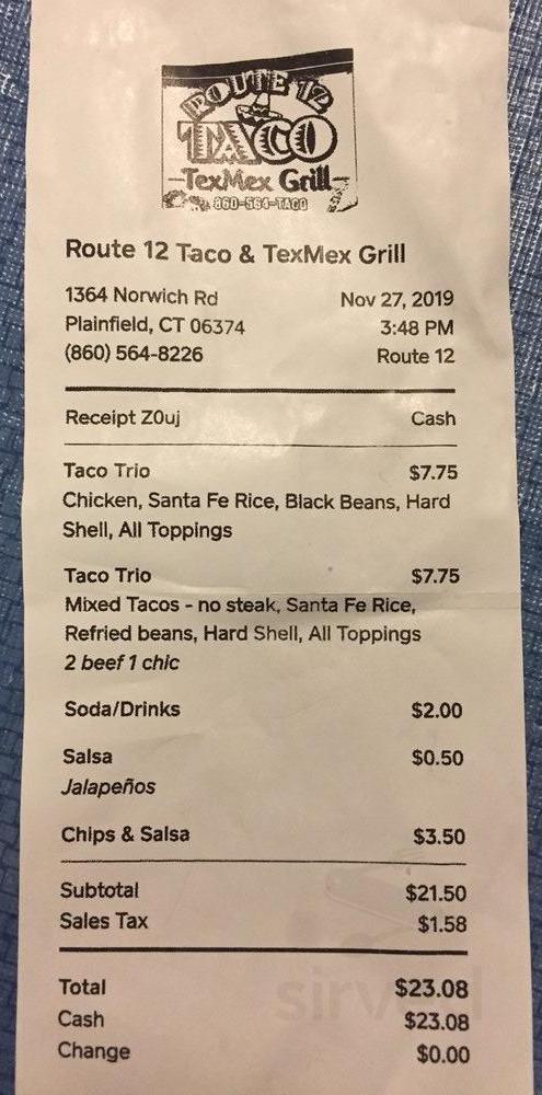 Menu for Route 12 Taco in Plainfield, CT | Sirved